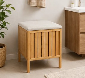 koš na prádlo, objem 52 l, s polstrovaným víkem, bambus/látka, 52x39x39 cm, přírodní/krémová, Dekorino KP20260026