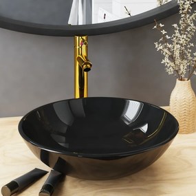 Koupelnové umyvadlo s baterií a výpustí černé tvrzené sklo 3098451