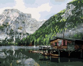 zuty zuty - malování podle čísel - jezero s chatou a loděmi itálie ii, 40x50 cm, plátno+rám