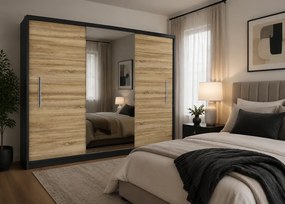 Šatní skříň s posuvnými dveřmi 232 cm se zrcadlem dubová dub sonoma  MES PRIMO SZP4/2/1B/2DS1L/0/AL