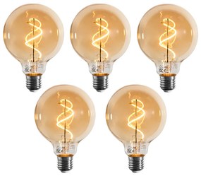 Sada 5 stmívatelných LED žárovek E27 s vláknem ve spirále G95, zlaté, 4W 270LM 2100K