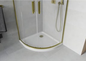 Mexen Rio, čtvrtkruhový sprchový kout s posuvnými dveřmi 80 (dveře) x 80 (dveře) x 190 cm, 5mm sklo námraza, zlatý profil + bílá sprchová vanička SLIM, 863-080-080-50-30-4110G