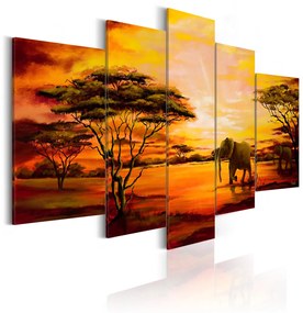 Obraz Africký motiv (5dílný) - pár slonů na pozadí přírody savany