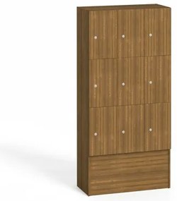 Dřevěná odkládací skříňka S5 s úložnými boxy, 9 boxů, 1700 x 900 x 420 mm, cylindrický zámek, ořech