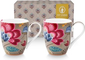 Pip Studio Blooming Tales sada 2ks XL hrnků 440 ml, khaki (Sada 2ks květinových hrnků v dárkové krabičce)