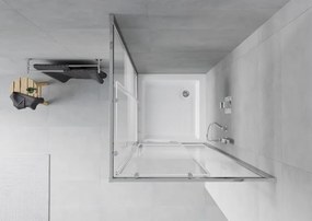 Mexen Rio, čtvercový sprchový kout s posuvnými dveřmi 70 x 70 cm, 5mm čiré sklo/pásy, chromový profil + bílá vysoká sprchová vanička Rio, 860-070-070-01-20-4510