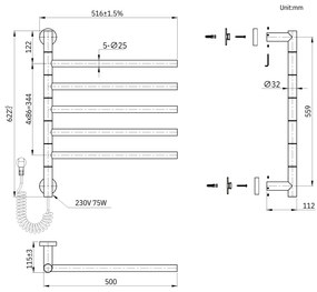 Gamma Awry, elektrický koupelnový radiátor s otočnými rameny 516x622 mm, 75W, černá, GMA-AWRY-622516-BK