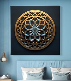 Obraz na plátně - Zlato modrý květ života v kruhu FeelHappy.cz Velikost obrazu: 140 x 140 cm