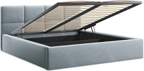 Světle modrá sametová čalouněná dvoulůžková postel s úložným prostorem s roštem 140x200 cm Hiko – Makamii