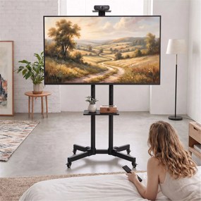 HOMCOM Mobilní TV stojan na kolečkách pro 32-75 palců, naklápěcí TV vozík, výškově nastavitelný, s brzdovými kolečky, černý