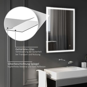 HOMCOM Koupelnové zrcadlo s osvětlením 90x70 cm LED zrcadlo Nástěnné zrcadlo s paměťovou funkcí 3 barvy světla Stříbrná