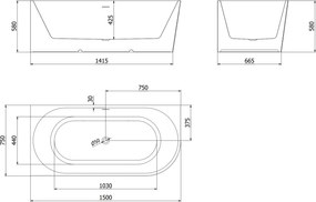 Mexen Silo, rohová volně stojící rýhovaná vana, levá, 150 x 75 cm, bílá-černá, broušený grafit přepad, 52891507575L-66