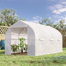 Zahradní skleník Outsunny 4x2x2 m tunelového typu s 6 větracími okny a rolovacím zipovým dveřmi pro pěstování rostlin a zeleniny, bílý