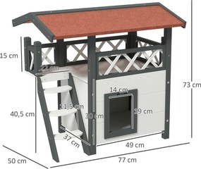 Dvoupatrový domek pro kočky PawHut s asfaltovou střechou a balkonem, vila pro kočky se schody z masivního dřeva, bílá, 77 x 50 x 73 cm | Aosom.de