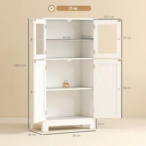 Kleankin koupelnová skříňka na uložení s bezpečnostními skleněnými dveřmi a nastavitelnou policí 60x30x108,5 cm Bílá