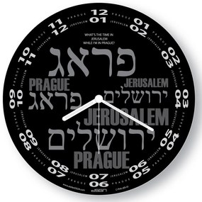 Černé hodiny Praha-Jerusalem 28x28 cm, plexi