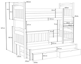 Dětská patrová postel z masivu borovice ONDRA s přistýlkou a šuplíky - 200x90 cm - BÍLÁ