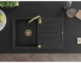 Mexen Bruno, granitový dřez 795x495x200 mm, 1-komorový, černá se zlatým sifonem, 6513791010-77-G