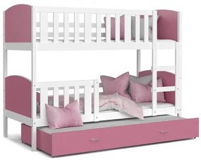 Dětská patrová postel TAMI 3 90x200 cm s bílou konstrukcí v růžové barvě s přistýlkou