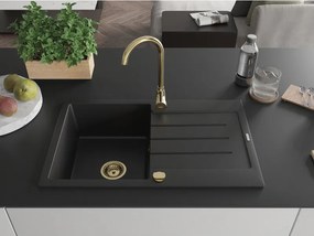 Mexen Bruno, granitový dřez 795x495x200 mm, 1-komorový, černá se zlatým sifonem, 6513791010-77-G