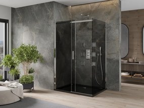 Mexen Omega, sprchový kout s posuvnými dveřmi 100 (dveře) x 90 (stěna) cm, 8mm šedé sklo, chromový profil + slim sprchová vanička černá + chromový sifon, 825-100-090-01-40-4070