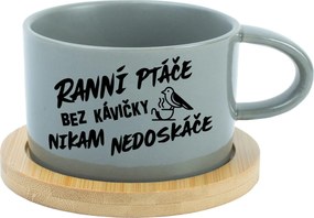 RANNÍ PTÁČE BEZ KÁVIČKY NIKAM NEDOSKÁČE - šedý hrníček makronka 200 ml