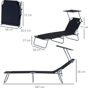 Zahradní lehátko Outsunny skládací s ochranou proti slunci 187x58x36 cm v černé barvě, ideální na terasu a balkon | Aosom.de