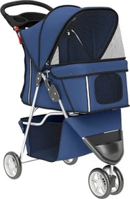 PawHut skládací kočárek pro malé psy do 10 kg se 3 koly, stříškou, košíkem, síťovým okénkem, držákem na nápoje, tmavě modrý