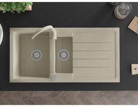 Mexen Andres 1,5-komorový granitový kuchyňský dřez s odkapávačem 100x50 cm a kuchyňská baterie Telma, béžová, 6515-69-670200-69