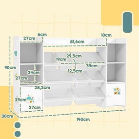 AIYAPLAY dětský úložný nábytek, dětský regál na hračky s 8 odnímatelnými boxy, 140 x 30 x 90 cm, bílý
