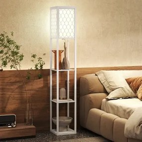 HOMCOM Stojací lampa s policí, 3 přihrádky, kompaktní rozměry, MDF, bílá