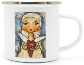 Smaltovaný hrnek Anděl lásky, 330 ml – autorská ilustrace anděla se srdcem, dárek s příběhem