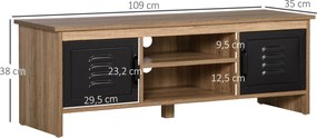 HOMCOM 43" Televizní Stojan v Průmyslovém Designu s 2 Skříňkami, 2 Nikami, 2 Otvory na Kabely, Dřevěným Povrchem a Černými Kovovými Dveřmi