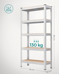5patrový policový systém, ocelový policový systém pro úložné účely, bezšroubová montáž, nosnost 650 kg, 30 x 75 x 150 cm, stříbrná