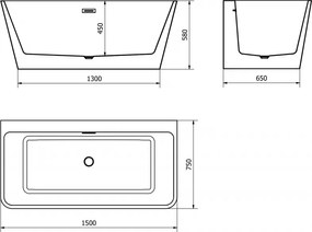 Mexen Volta, volně stojící nástěnná vana 150 x 75 cm, bílá-černá, chromový přepad, 51131507575-01