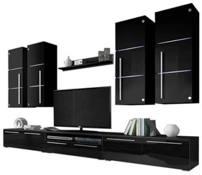 Obývací stěna BARI, horní skříňky: černé, spodní skříňky: černé