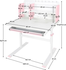 Rostoucí psací stůl SMART - růžová / bílá