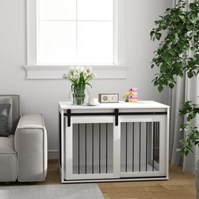 Domácí klec pro psy PawHut, uzamykatelná bouda pro psy s vchodem, box pro psy s posuvnými dveřmi, bouda pro velké psy do 30 kg, bílá, 98 x 58 x 61 cm…