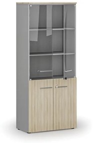Kombinovaná kancelářská skříň s dřevěnými a skleněnými dveřmi PRIMO GRAY, 1781 x 800 x 420 mm, šedá/dub přírodní
