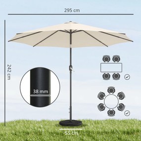 Slunečník cca Ø300 cm sklápěcí Balkonový slunečník s kličkou Křížový podstavec Pytlík na písek, UV 30+ Zatahovací Krémově bílá