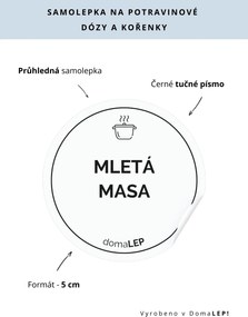 Samolepka na kořenky MLETÁ MASA průhledná 5 cm tučné písmo