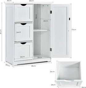 Costway Koupelnová skříňka úložná se 3 zásuvkami – 60 × 30 × 81 cm, bílý