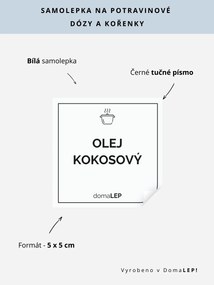 Samolepka na láhev OLEJ KOKOSOVÝ – bílá, 5 x 5 cm, základní písmo