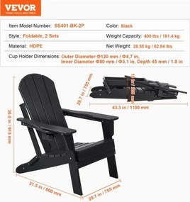 Plastová sada 2 skládacích židlí Adirondack Ohniště Černá do každého počasí