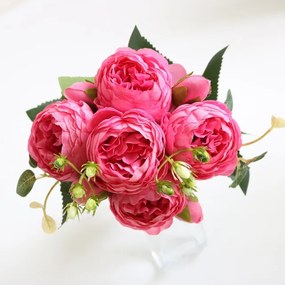 Umělá kytice pivoňek - 5 květů s poupaty (A) Barva: tmavě růžová