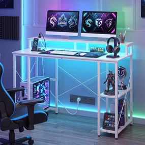 Costway Počítačový stůl s LED osvětlením a stojanem na monitor, bílý