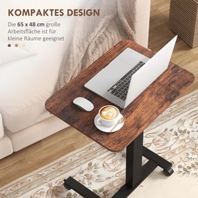 Vinsetto Výškově nastavitelný stůl na notebook, se 4 kolečky, 2 brzdy, 65 cm x 48 cm x 108 cm, s ruční klikou, brzda, dřevotříska, rustikální hnědá| …