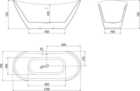 Mexen Lotos, volně stojící vana 170 x 75 cm, bílá/černá, bílý přepad, 52051707775-20