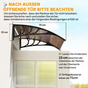 Outsunny Střecha nad Dveřmi S předními dveřmi 75 x 100 cm Pultvordach Zastřešení Polykarbonát Hnědá