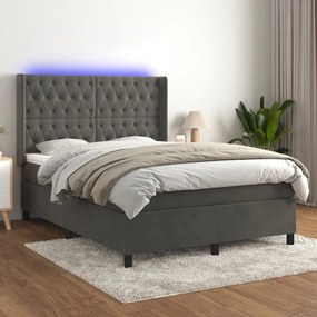 Box spring postel s matrací a LED tmavě šedá 140x200 cm samet 3139746